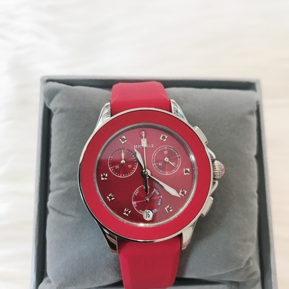 Michele | Accessories | Nwt Michele Cape Chrono Red Sunray Dial Watch ...